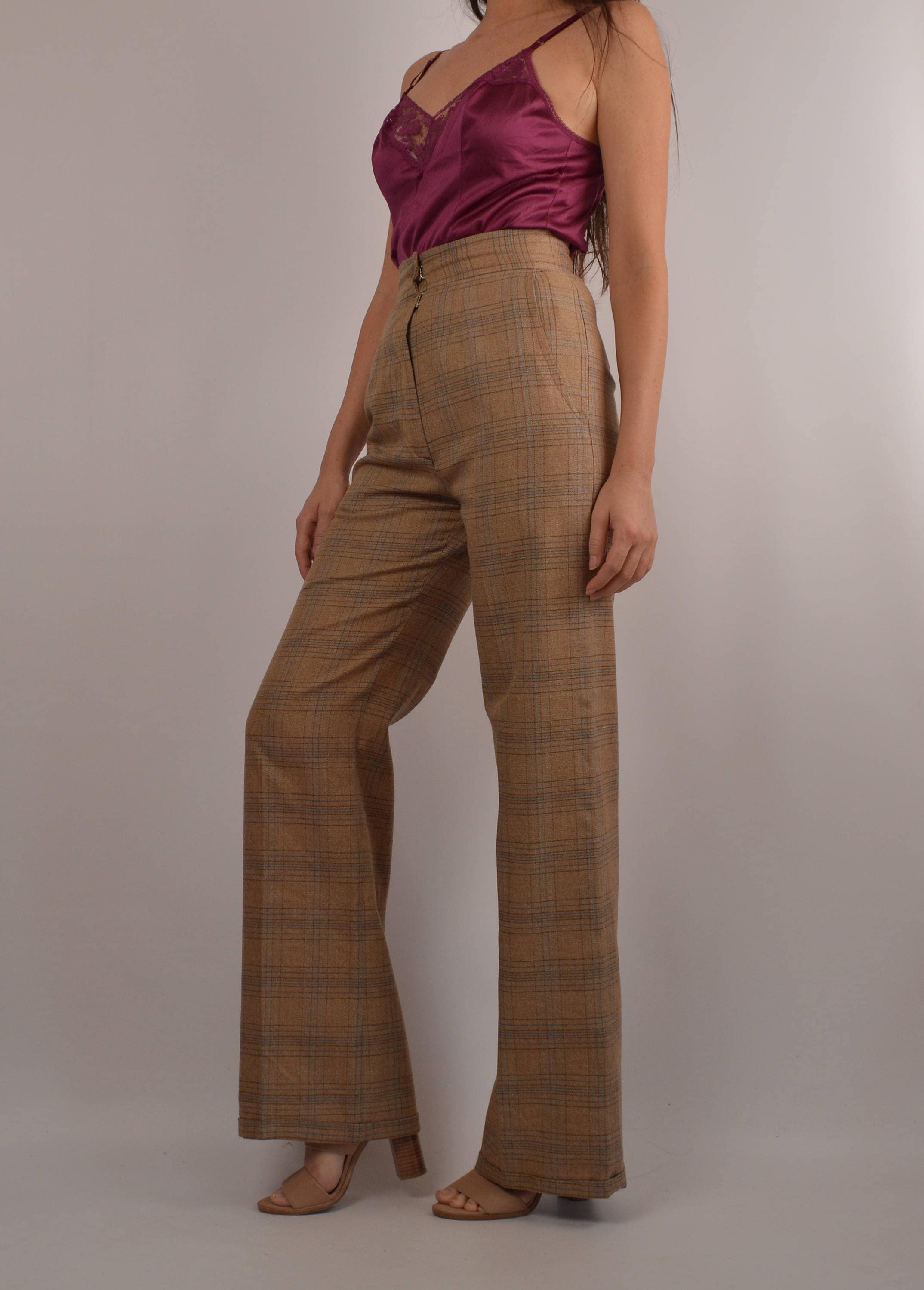 70's Mocha Plaid Wide Leg Flare Trousers