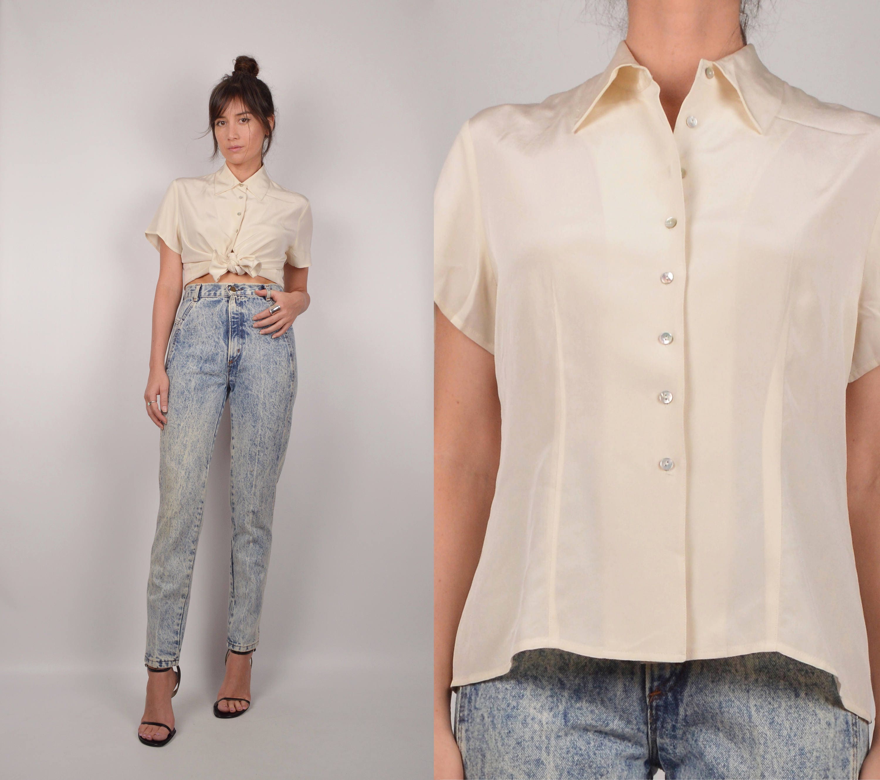 15% OFF Cream Silk Vintage Button Up Shirt