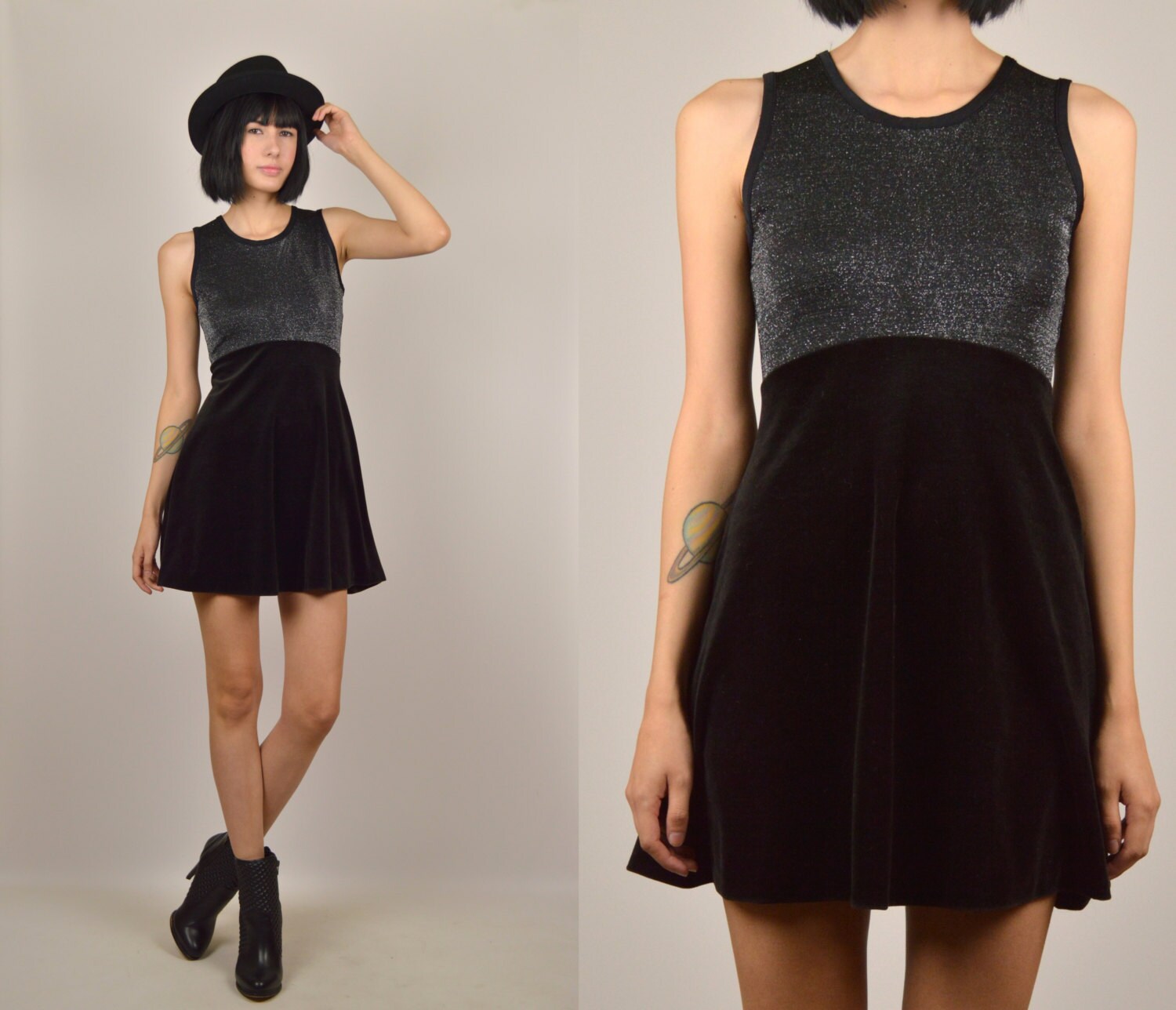 90's Black Velvet Babydoll Mini Dress