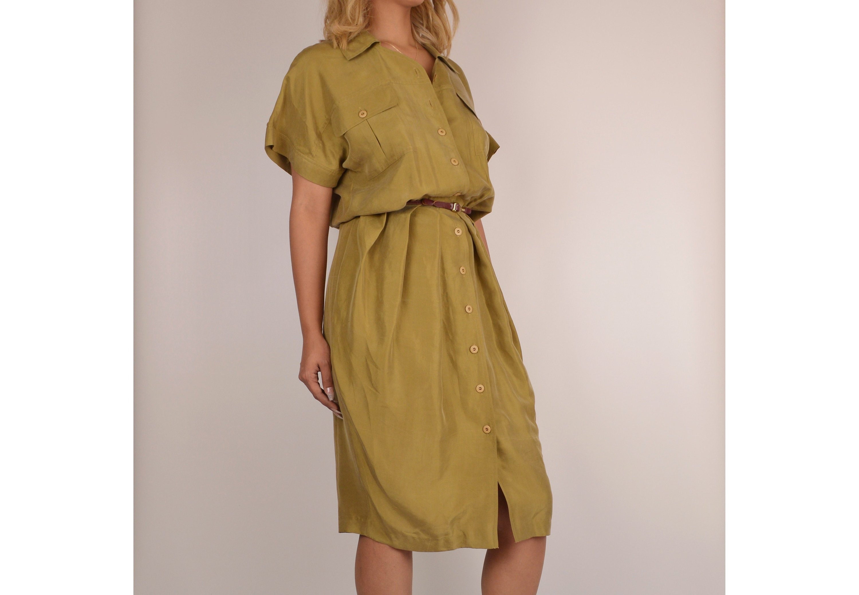 Vintage Olive SILK Midi Dress / M-L