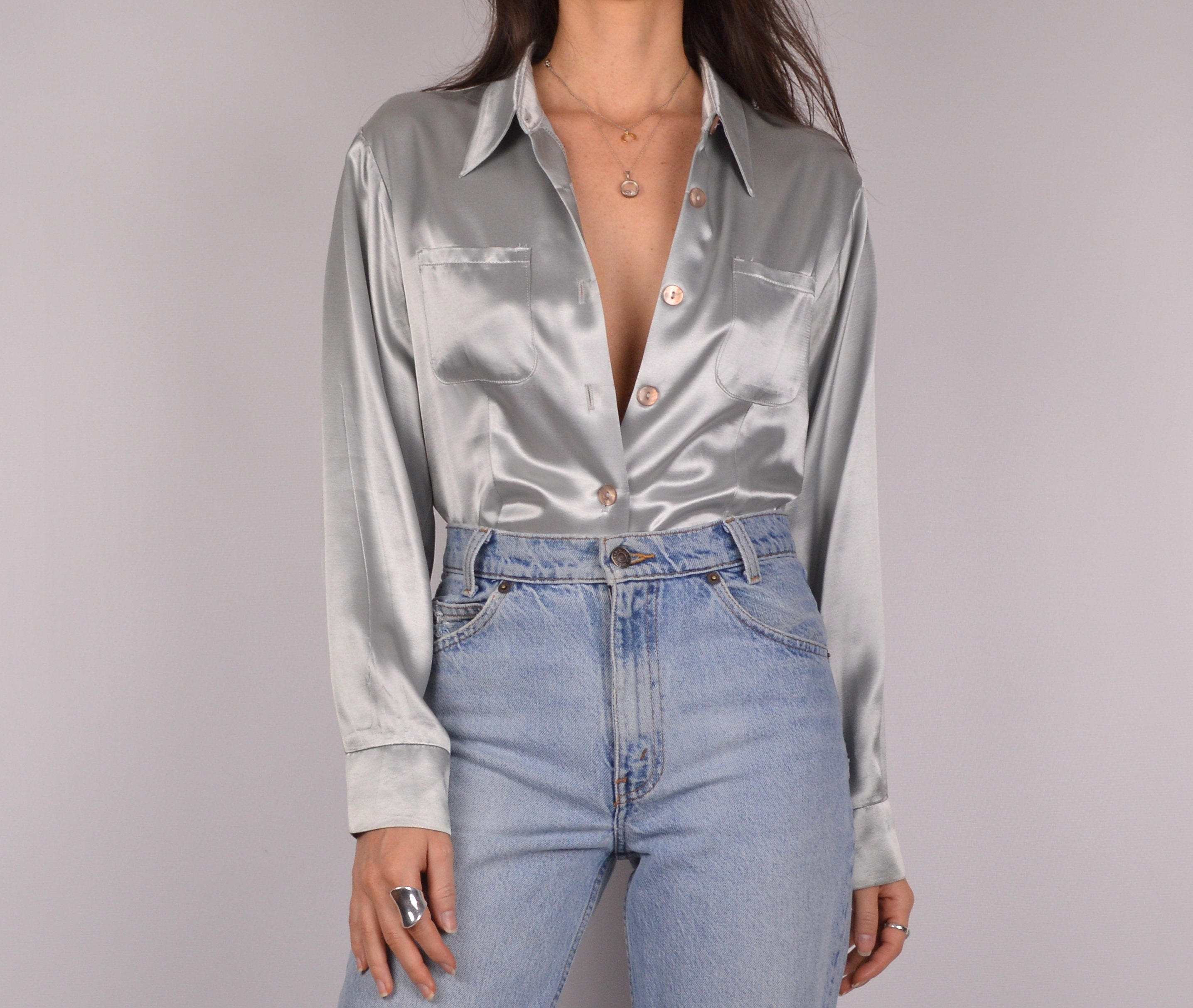 15% OFF SALE Vintage Liquid Silver Button-Up Shirt