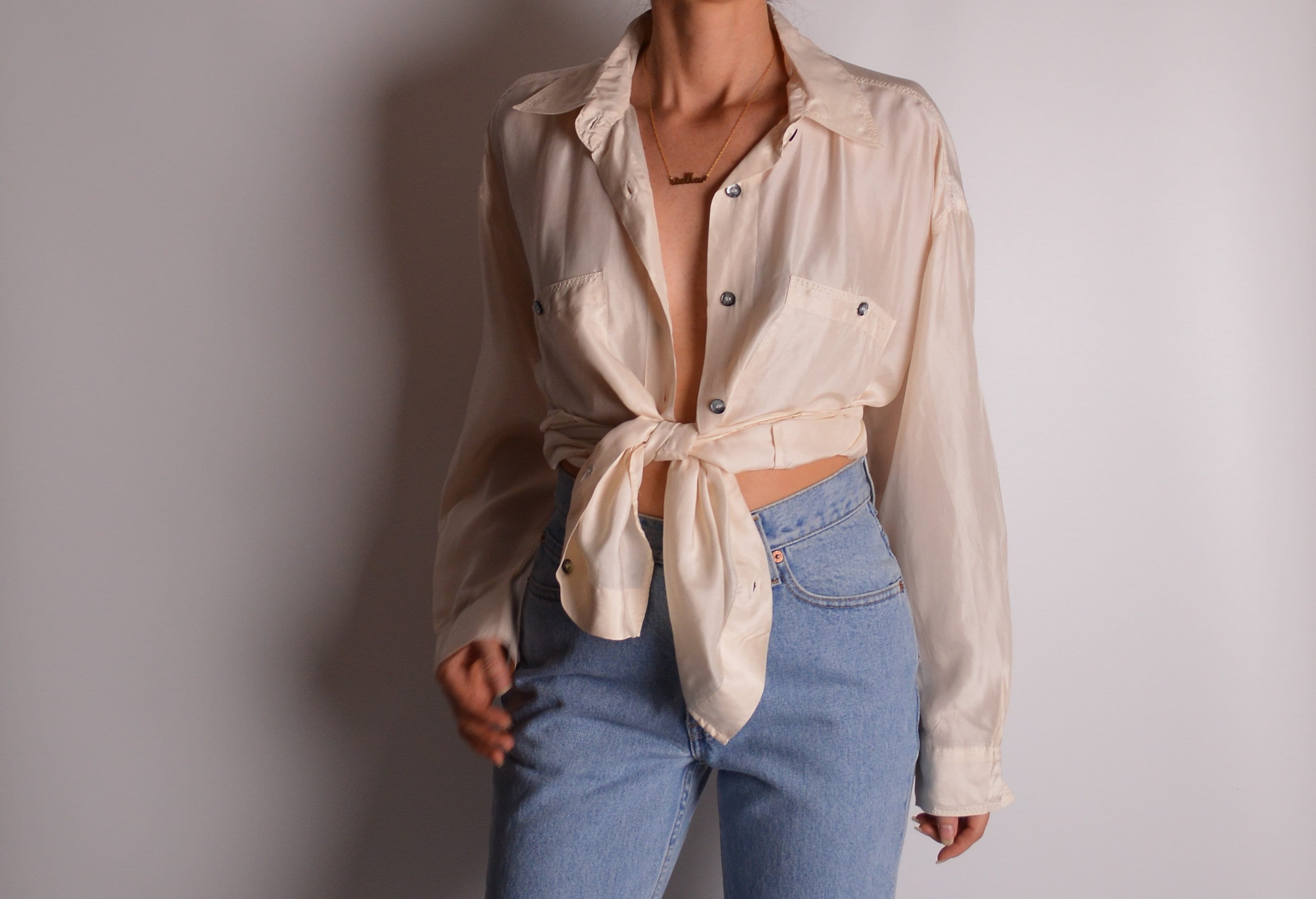 Vintage Cream Silk Button Up Blouse (S-L)