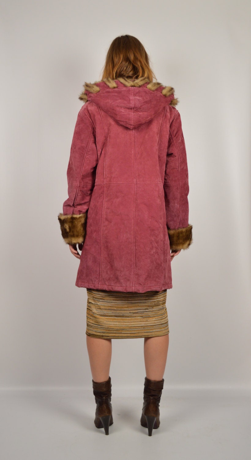 Raspberry Suede Long Coat Faux Fur Collar Vintage