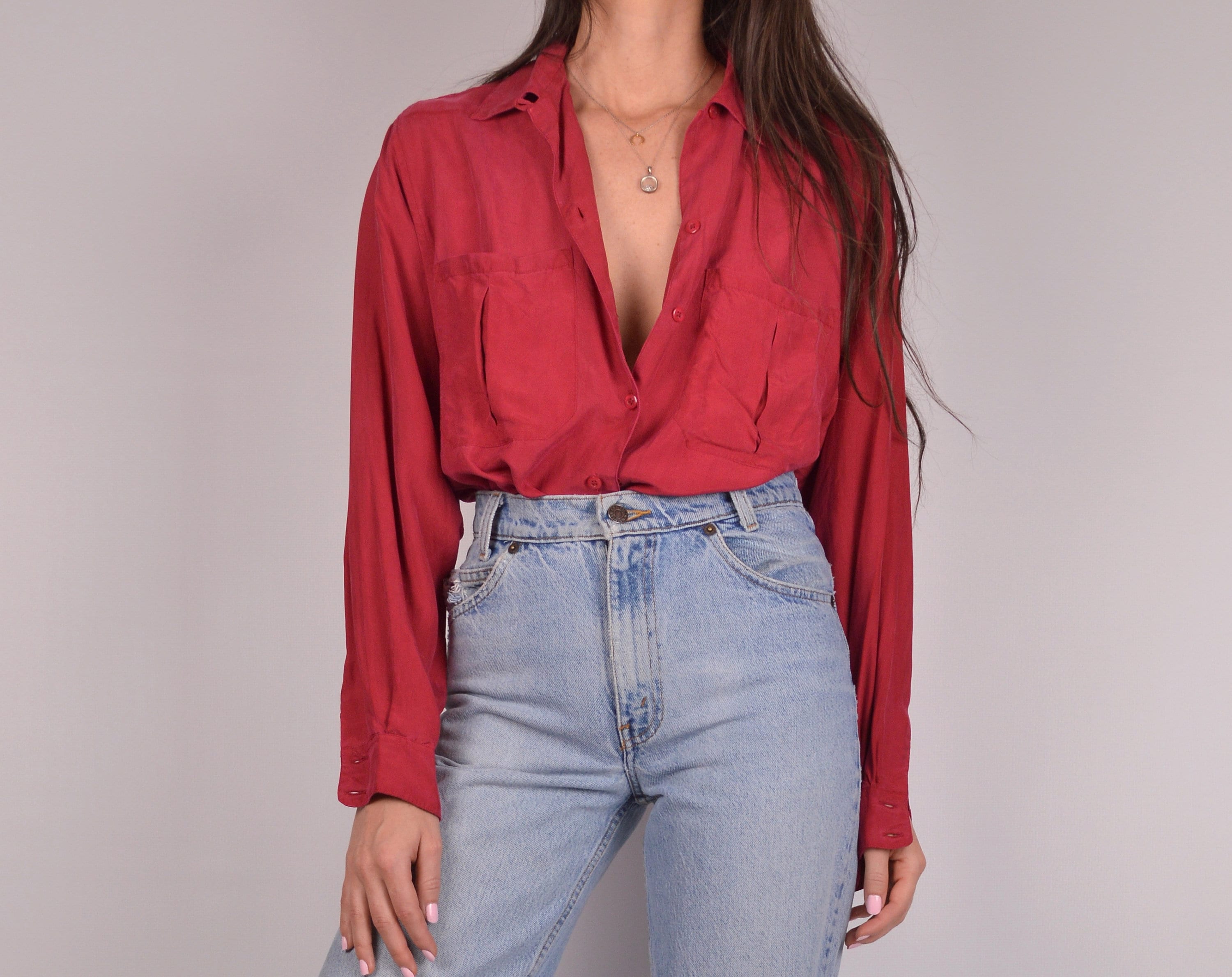 Vintage Red SILK Shirt / S-L
