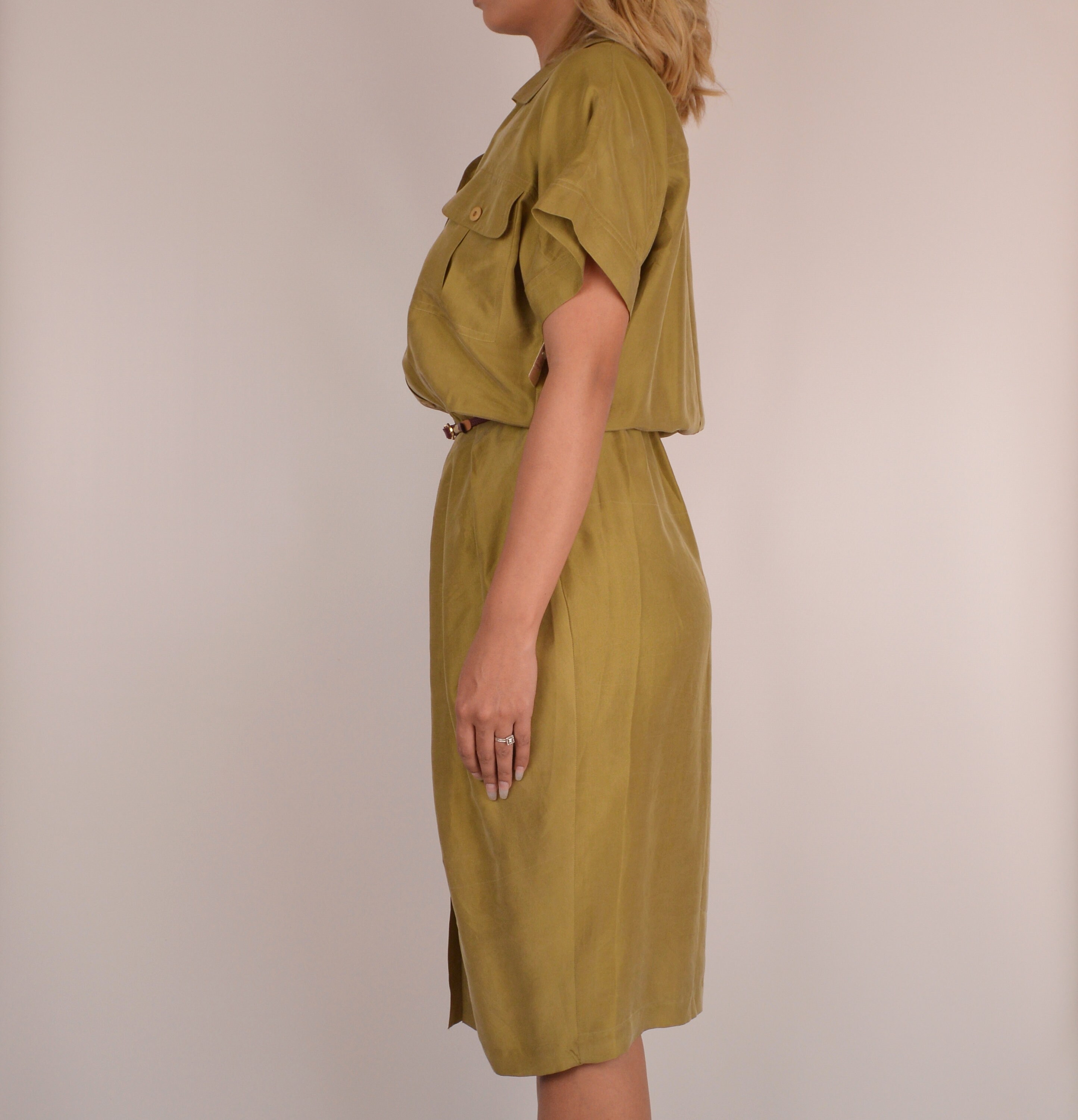 Vintage Olive SILK Midi Dress / M-L