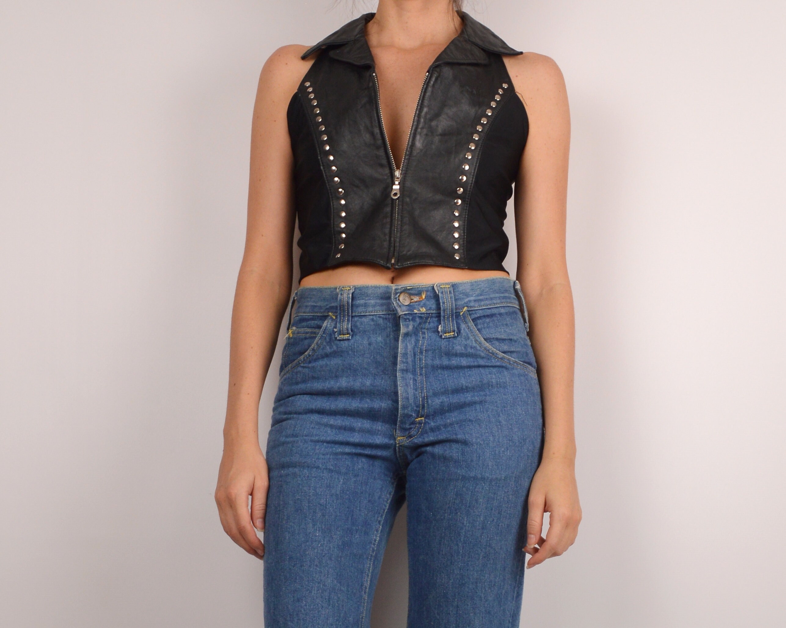 Vintage Leather Zip Up Crop Top