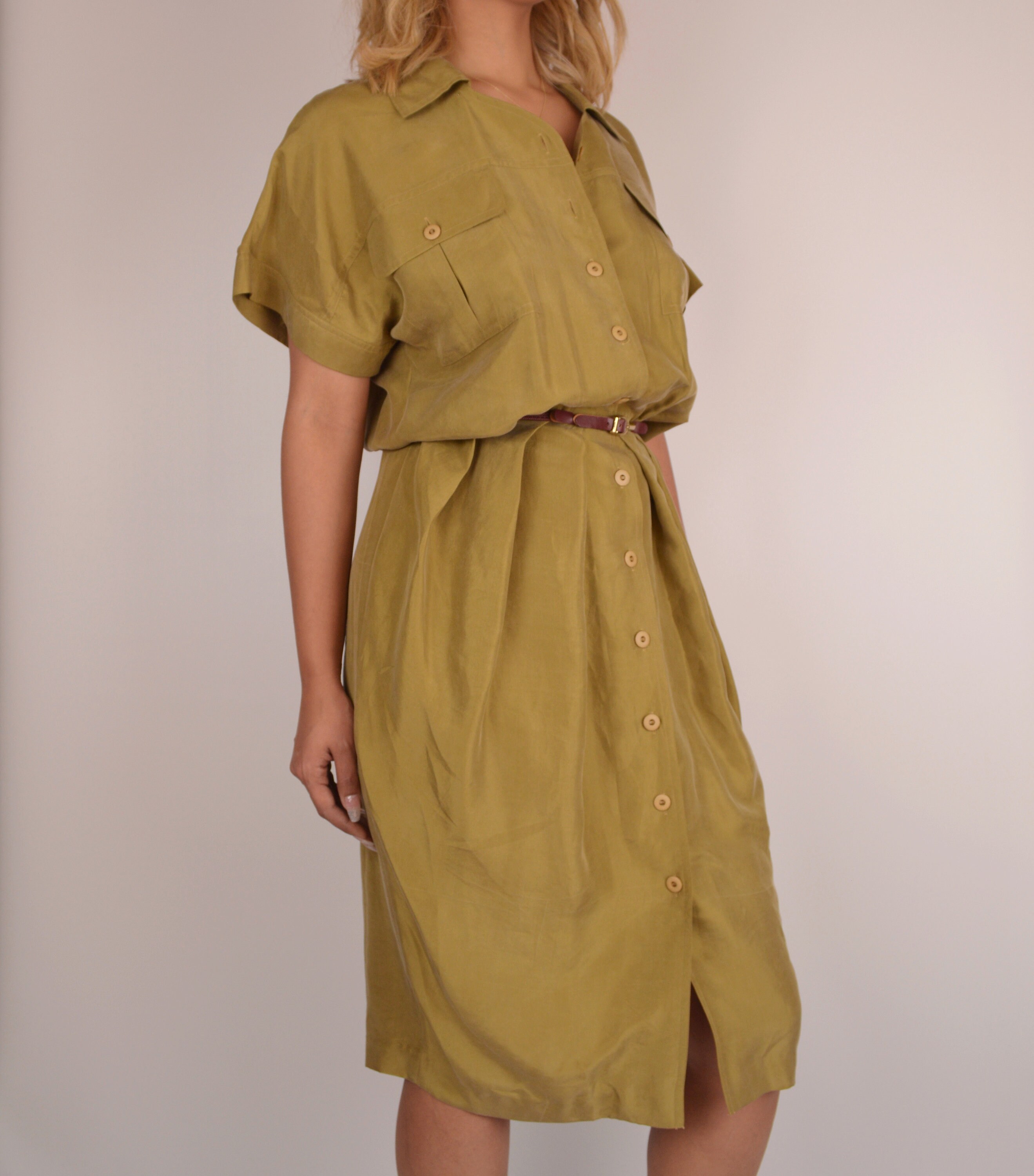 Vintage Olive SILK Midi Dress / M-L