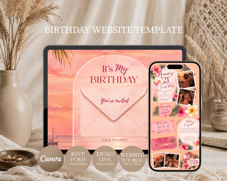 Modèle d'invitation web pour un anniversaire tropical, site web Canva ...
