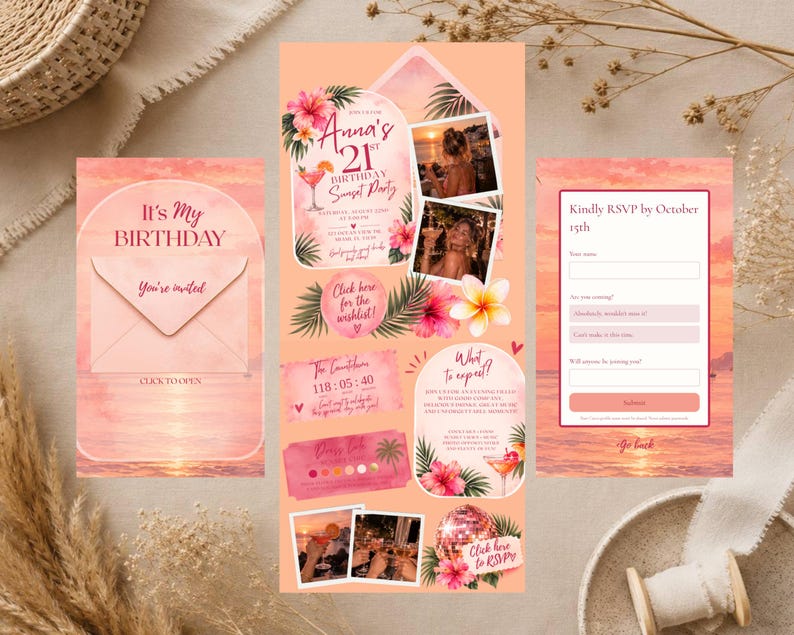 Modèle d'invitation web pour un anniversaire tropical, site web Canva ...