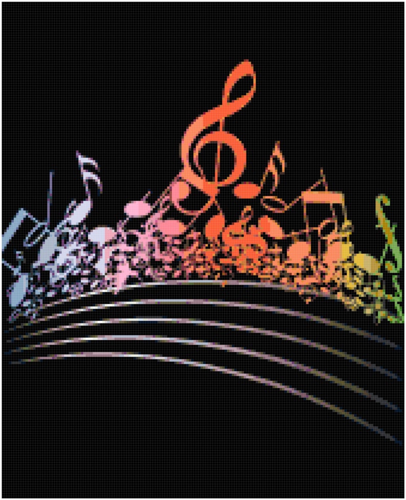 Music Notes Treble Clef Rainbow Counted Cross Stitch Pattern Chart PDF ...