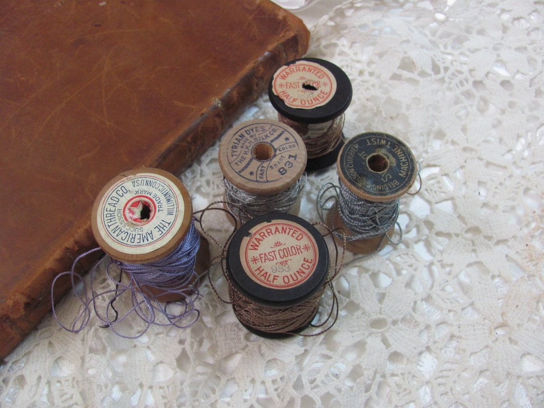 5 Silk Thread Wooden Spools - Antique 19th Century Embroidery Knitting ...
