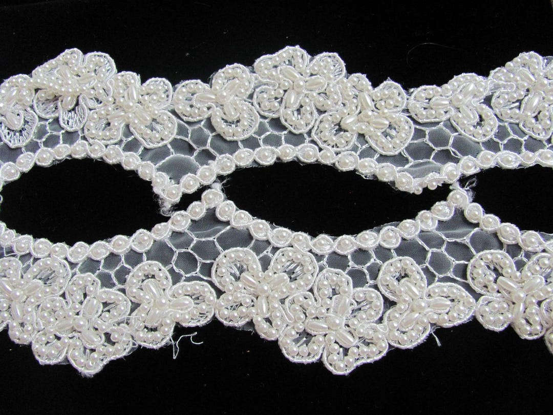 Off White Beaded Pearls Lace Corded Trim Bridal Fancy - 40mm Wide ...