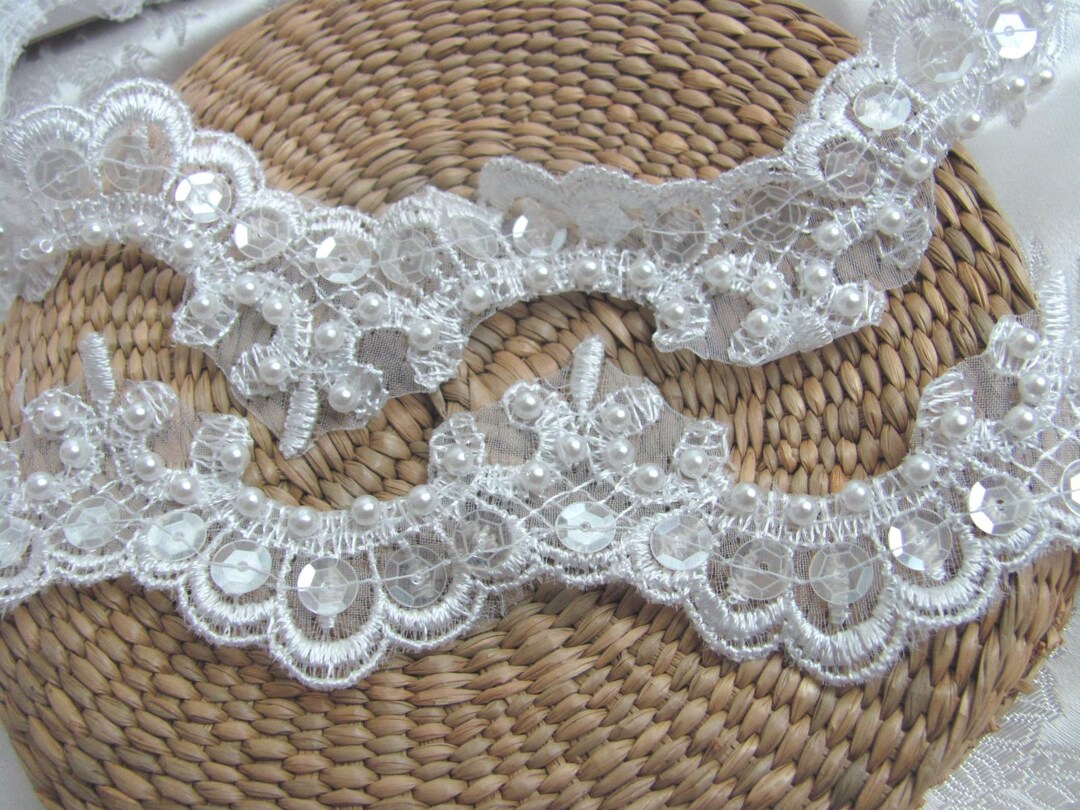 White Beaded Pearls Sequins Lace Scallop Trim Bridal Fancy - 30mm Wide ...