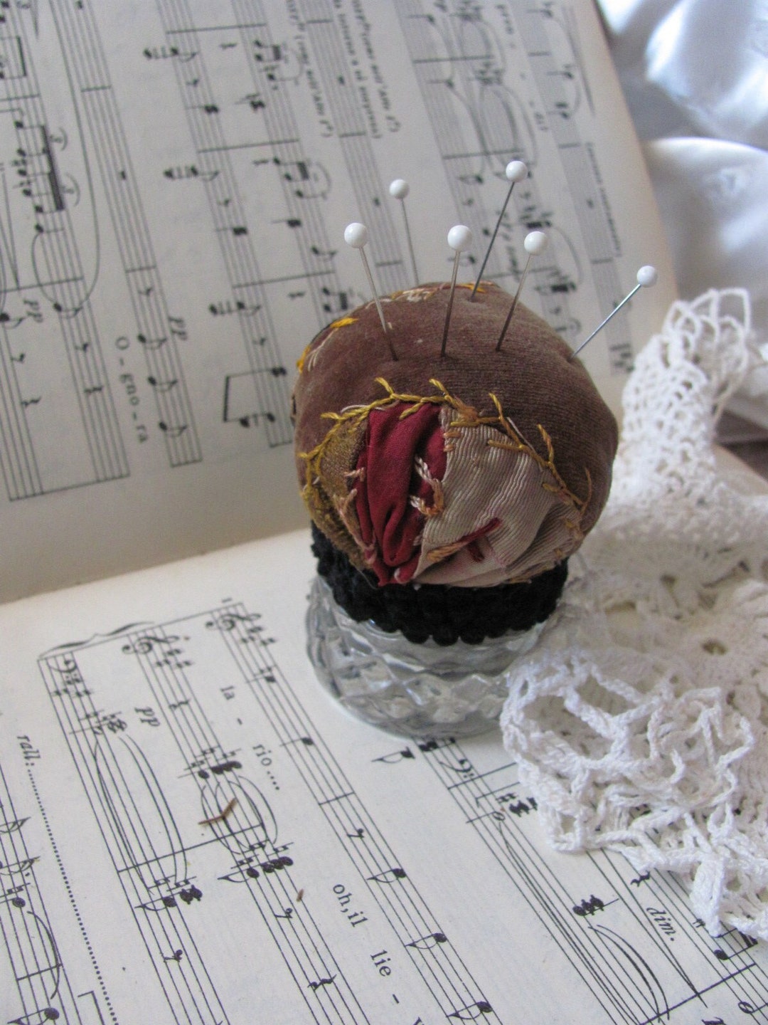 Handmade Pin Cushion // Antique Crazy Quilt & Avon Vintage Glassware ...