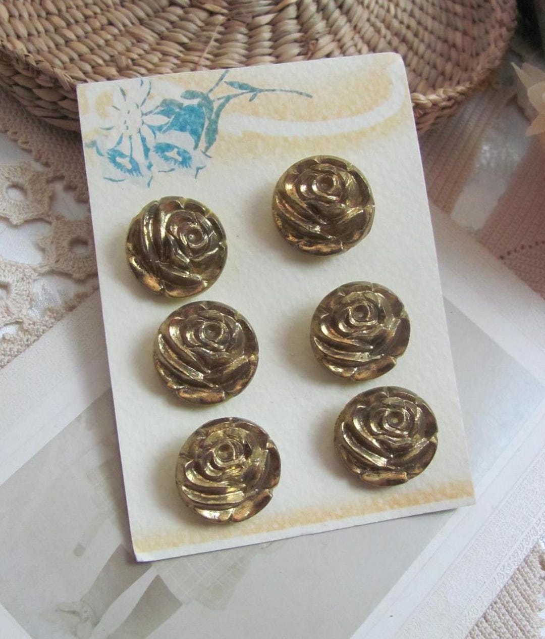 6 Gold Roses Glass Buttons 18mm // Original Card Unused Art Deco Early ...