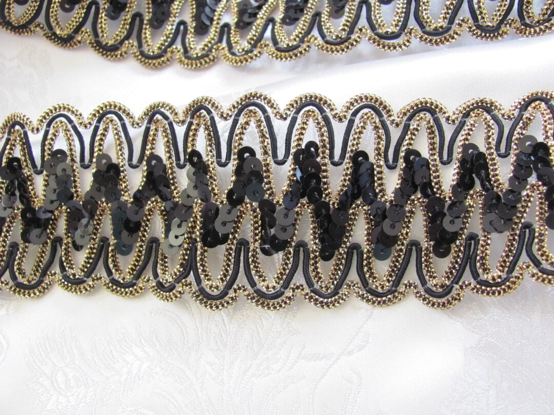 Black Gold Sequin Gimp Scroll Trim Vintage 2" Wide 44mm - 3 Yards Total ...