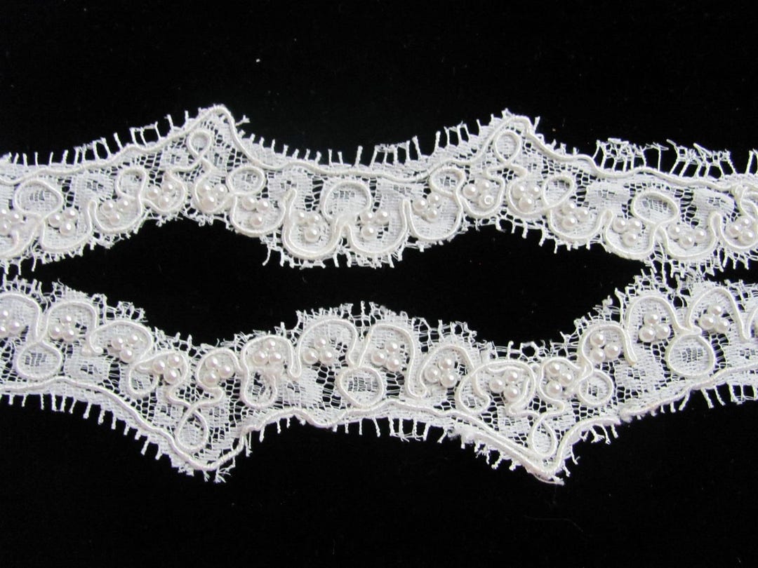 White Beaded Pearls Lace Corded Trim Bridal Fancy - 30mm Wide - Price ...