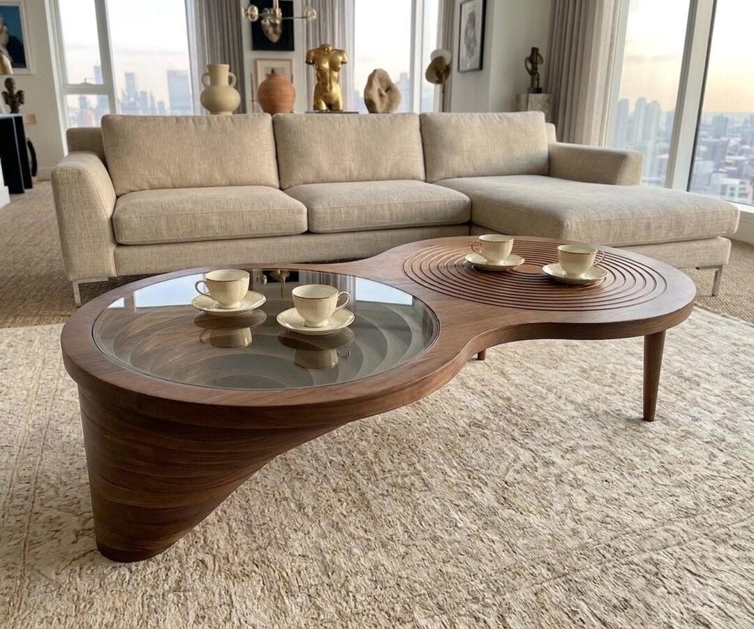 Modern Walnut Coffee Table, Tempered Glass Center Table, Rustic Chic ...