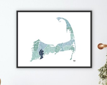Cape Cod MA Towns Map Print Massachusetts Wall Art Poster Hand Drawn Typography Unique Gift ...