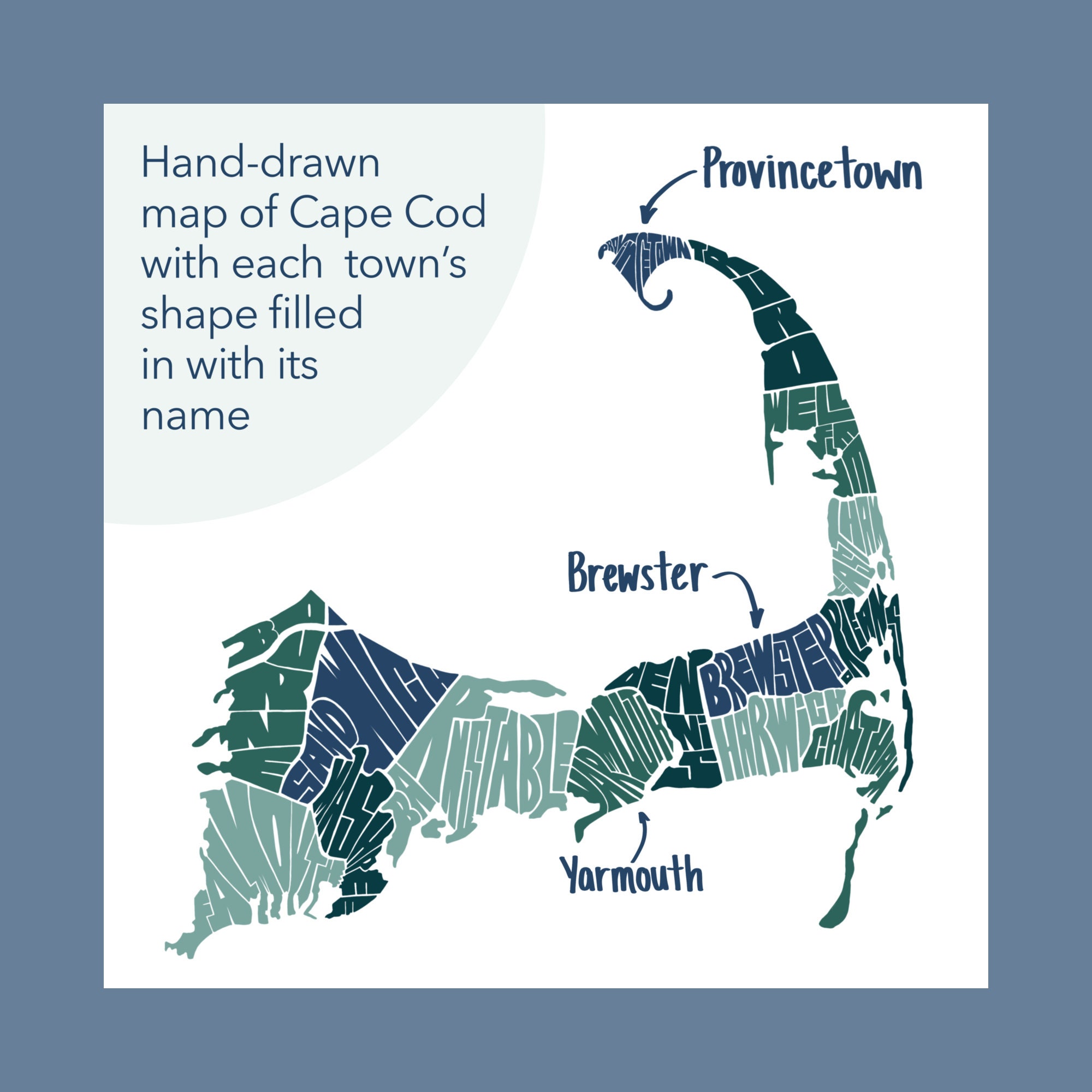 Cape Cod MA Towns Map Print Massachusetts Wall Art Poster Hand Drawn ...
