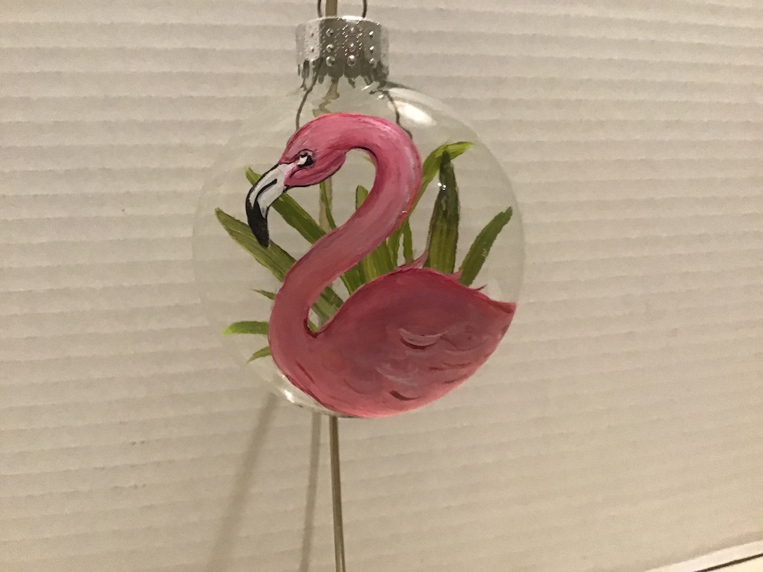 Ornament, Glass, Pink Flamingo With Leaves on the Back. - Etsy