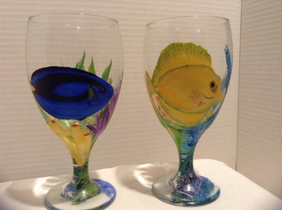 Tropical Fish Ice Tea /water Glasses. Hand Painted Bright - Etsy