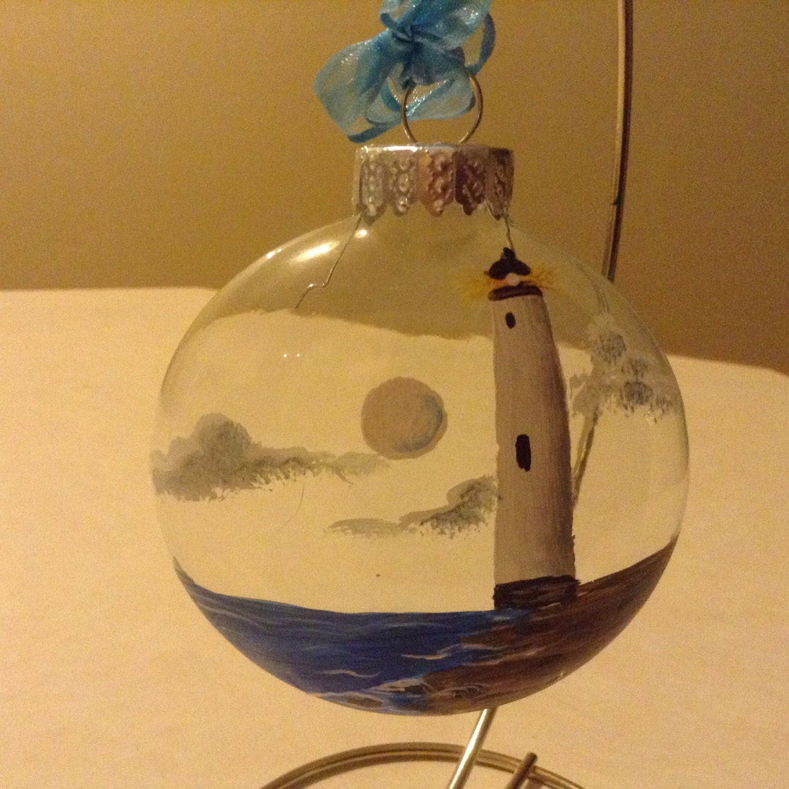 Ornament, Glass, Lighthouse, White, With Beach and Water,hand Painted ...