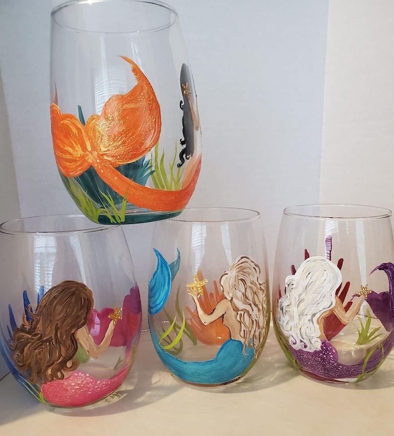 Mermaids Painted on Stemless Wine Glasses. Hand Painted. - Etsy