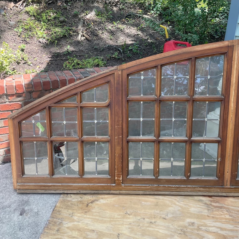 LARGE (14.5 Ft Long) Vintage Art Deco Oak & Leaded Glass Arched Window ...