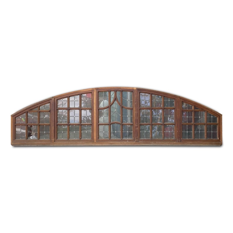 LARGE (14.5 Ft Long) Vintage Art Deco Oak & Leaded Glass Arched Window ...