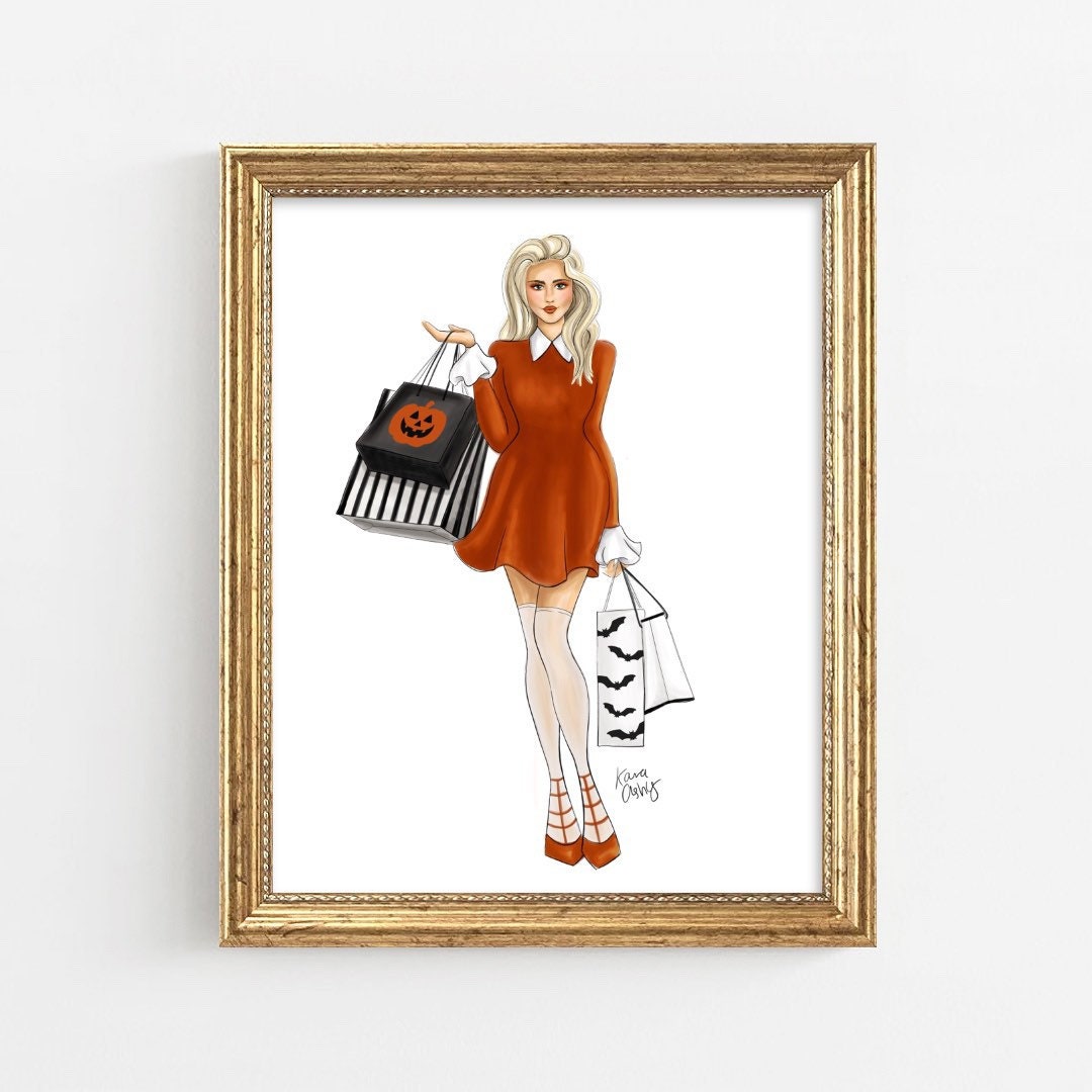 Halloween Art Print Fashion Illustration Shopping Girl Drawing Artwork ...