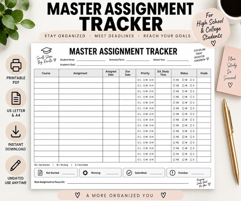 Master Assignment Tracker Printable | Student Homework Planner - Etsy UK
