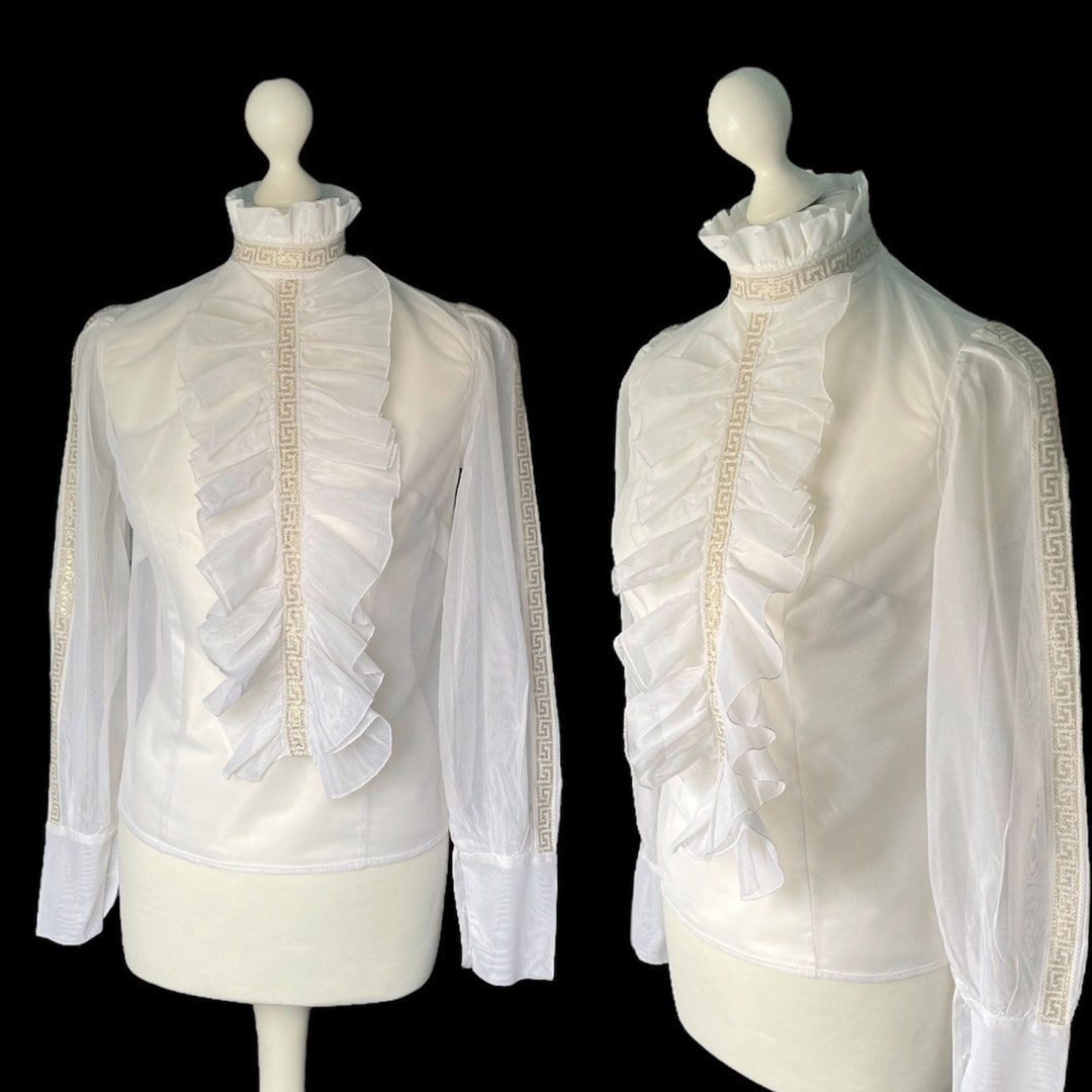 True Vintage 1960s Sheer White Blouse With Front Ruffle and Metallic ...