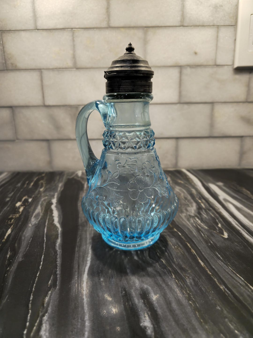 Antique Victorian Adams EAPG Wildflower Blue Glass Syrup Pitcher - Etsy