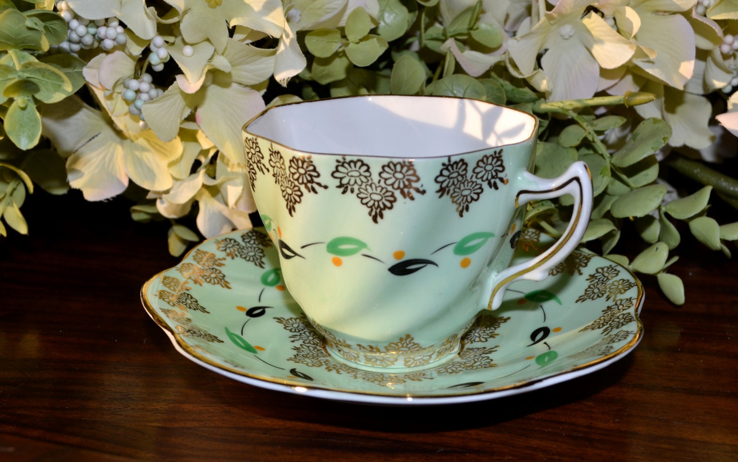 Rosina Fine Bone China Tea Cup and Saucer, Mint Green and Gold Floral ...