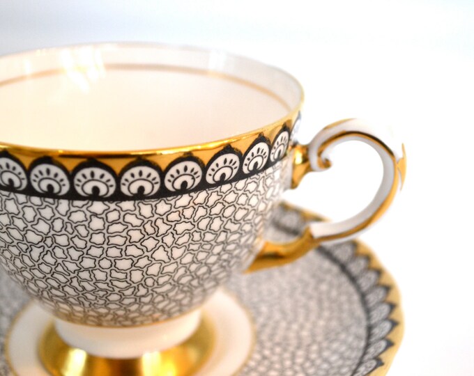Vintage Tuscan Fine Bone China Tea Cup and Saucer Black White - Etsy