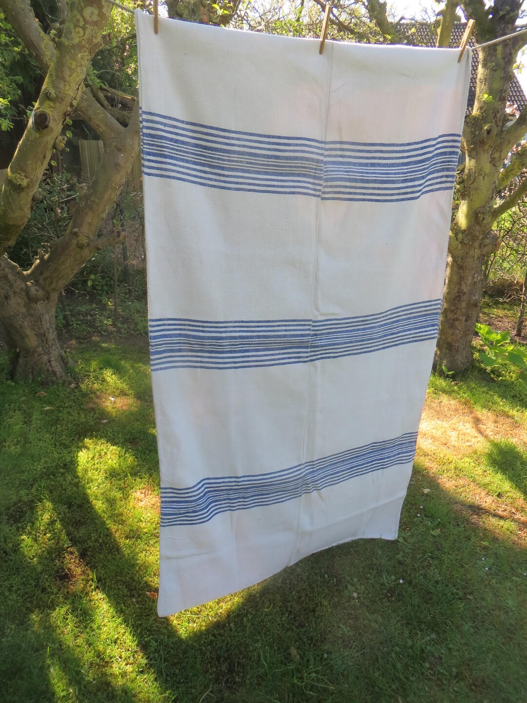 Antique Handwoven Linen Sack, White With Blue Stripes, 37x67" Perfect ...