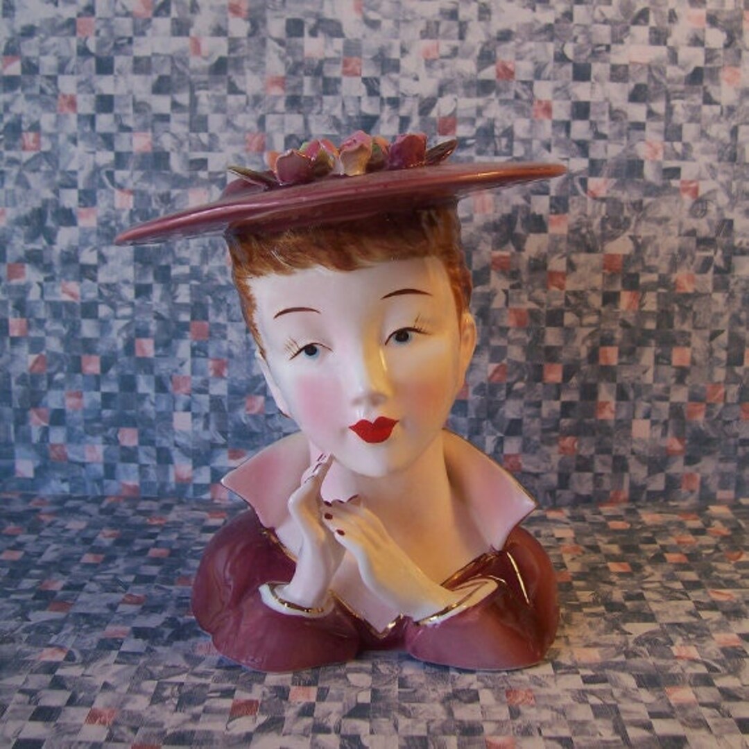 Vintage 1950s Beautiful Lefton Lady Head Vase Deep Rose Dress and Hat ...
