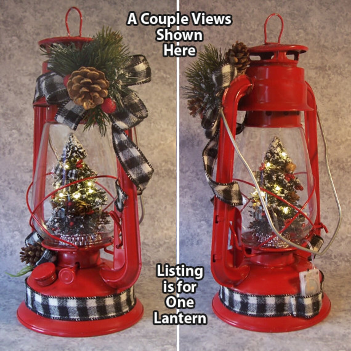 Farmhouse Vintage Red Christmas Lantern With Mini Tree and Fairy Lights ...