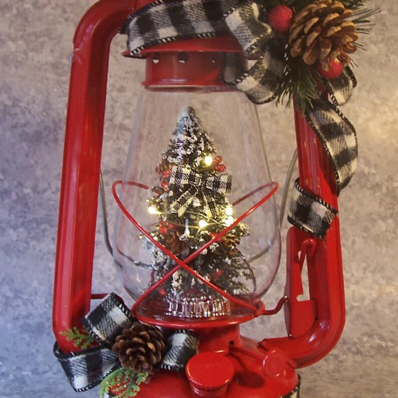 Farmhouse Vintage Red Christmas Lantern With Mini Tree and Fairy Lights ...