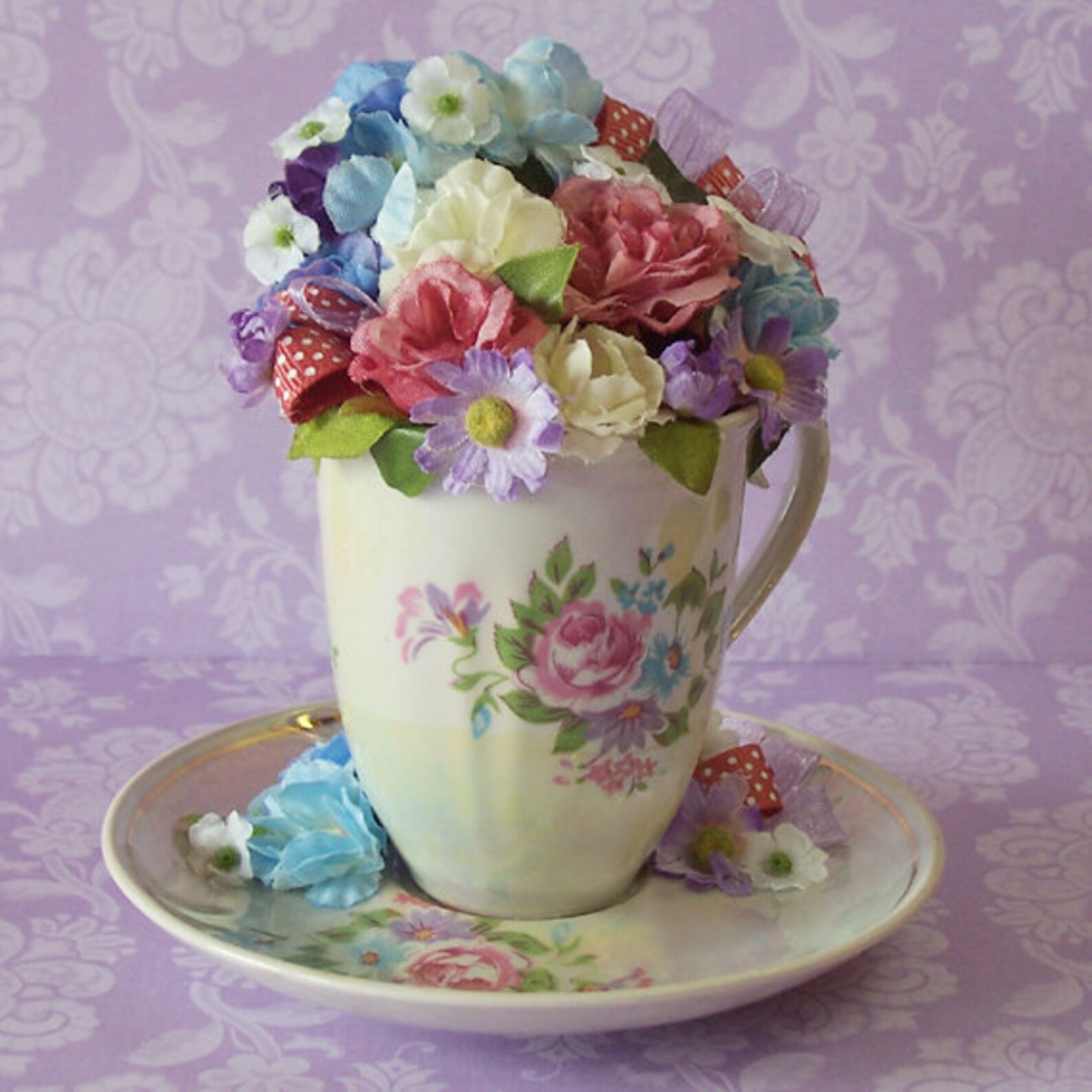 Rainbow Lusterware Small Tea Cup and Saucer Floral Arrangement - Etsy
