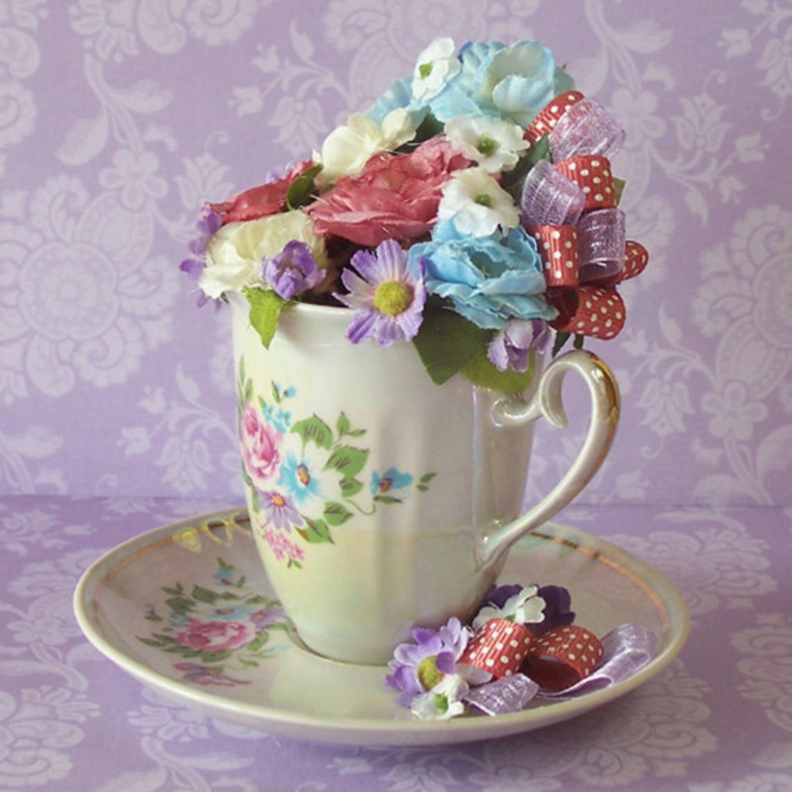 Rainbow Lusterware Small Tea Cup and Saucer Floral Arrangement - Etsy ...
