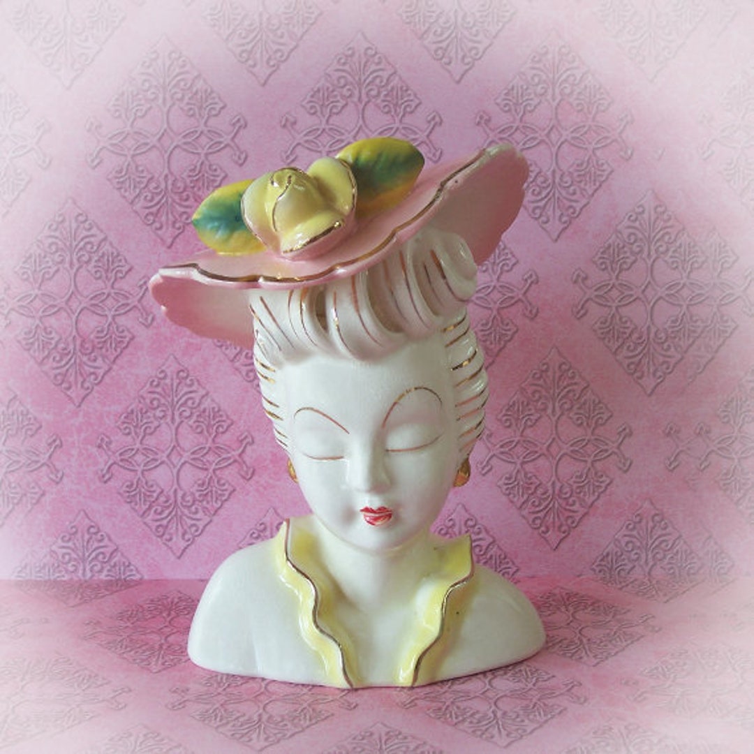 Vintage Lady Head Vase Wearing a Pink Scalloped Edged Hat With a Yellow ...