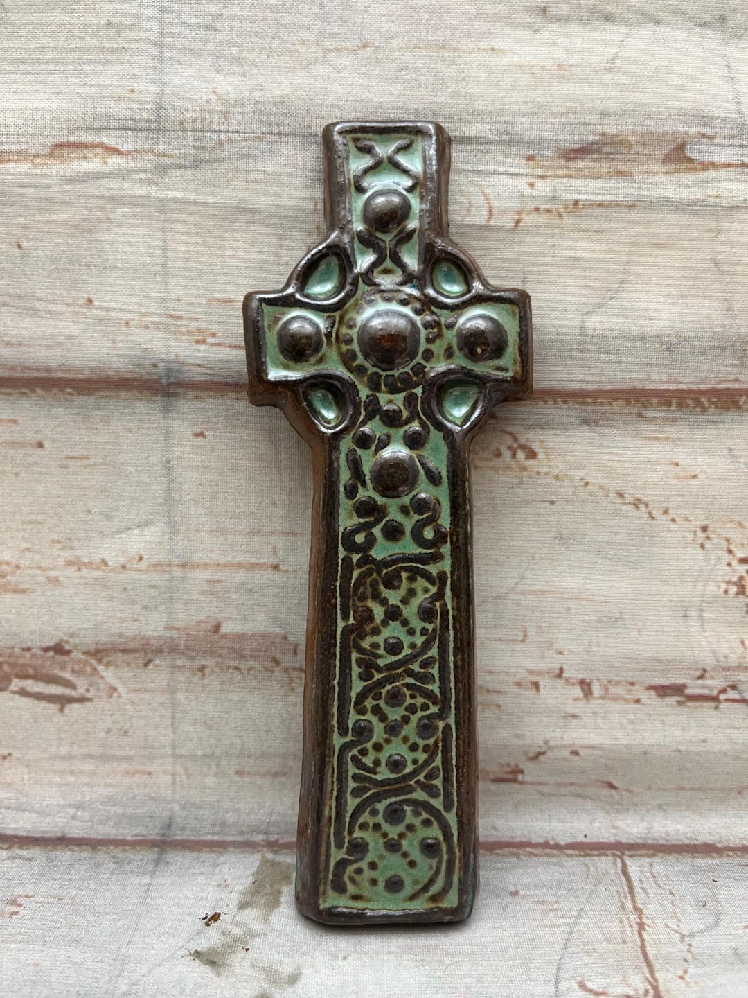 Celtic Cross With Knots and Motifs Aged Green Irish Gaelic Stoneware ...