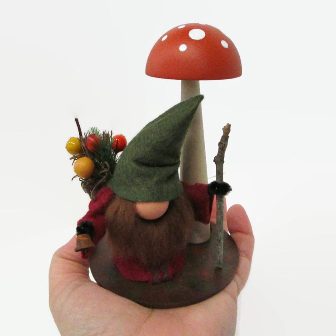 Harvest Woodland Gnome With Walking Stick Beneath a Mushroom, Peg Doll ...