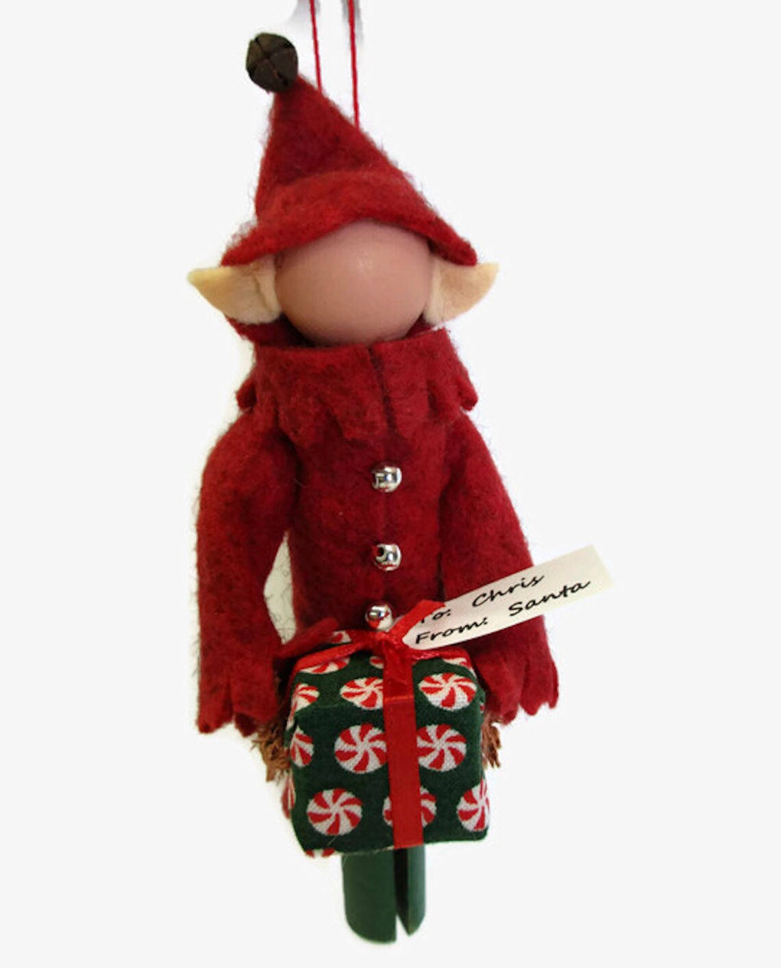 Personalized Elf Christmas Ornament, Elf With Gift, Clothespin Ornament ...
