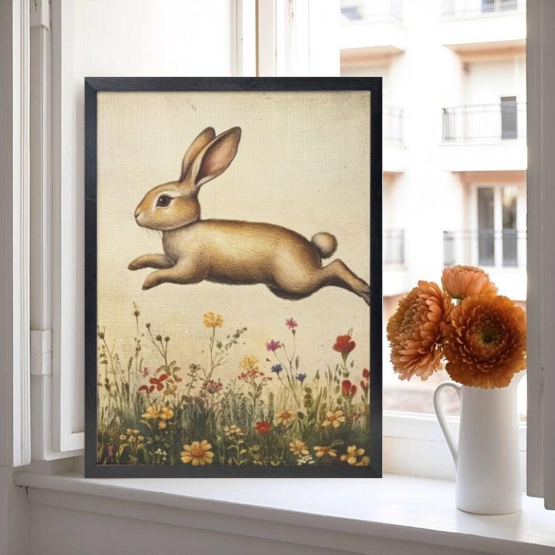 Vintage Jumping Bunny Picture Frame, Spring Easter Wall Decor, Rustic ...