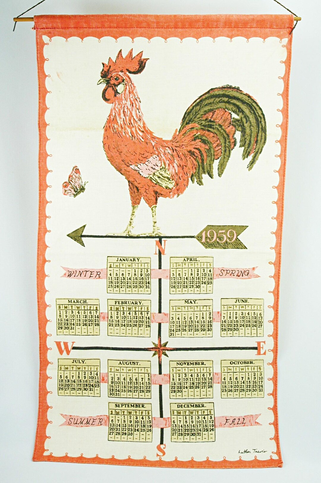 1959 Wall Calendar Linen Tea Towel Rooster Midcentury Birthday ...