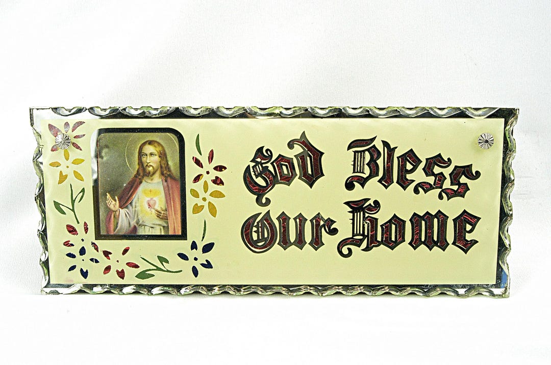 Vintage Sacred Heart of Jesus Foil and Glass Mirror - God Bless Our ...