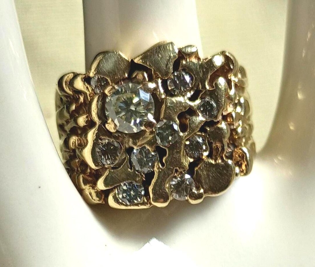 Hot Sale Solid Gold Nugget Diamond Ring 10 Diamond Encrusted 14k Thick Solid Gold Nugget Ring ...